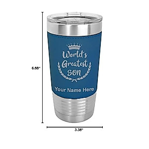 LaserGram 20oz Vacuum Insulated Tumbler Mug, World's Greatest Son, Personalized Engraving Included (Faux Leather, Blue)