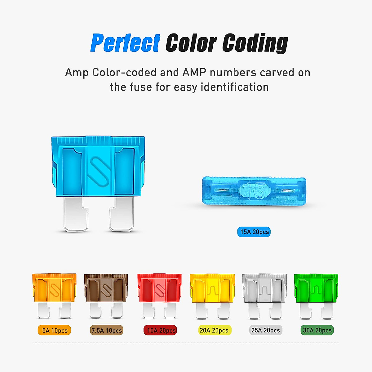 Nilight - 50016R 120 pcs Standard Fuse Assortment kit – 5, 7.5, 10, 15, 20, 25, 30 AMP – Regular APR/ATO (Open)/ATC Blade Fuses for Cars, Trucks, Boats,Automotives,2 Years Warranty