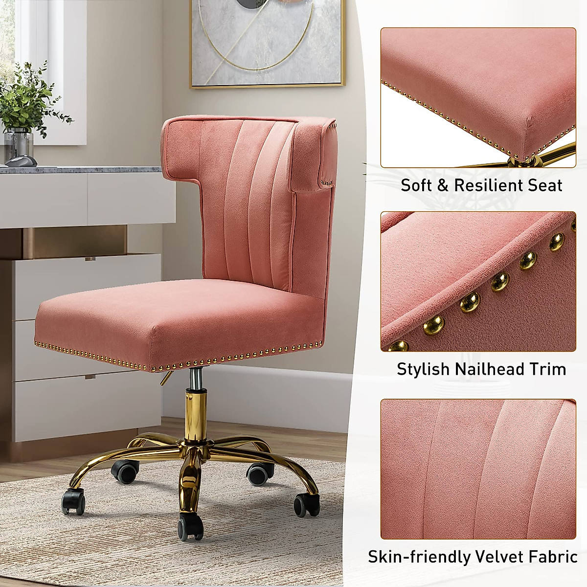HULALA HOME Velvet Office Chair with Wingback and Decorative Nailhead, Adjustable Swivel Modern Armless Desk Chair, Cute Vanity Chair for Women (Gold Base, Fushia)