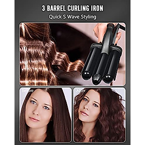 Hair Waver, 3 Barrel Curling Iron for Beachy Waves, Hair Crimper with LCD Temp Display, Ceramic Tourmaline Triple Barrels Curling Wand, Beach Waver Curling Iron with Dual Voltage, Black