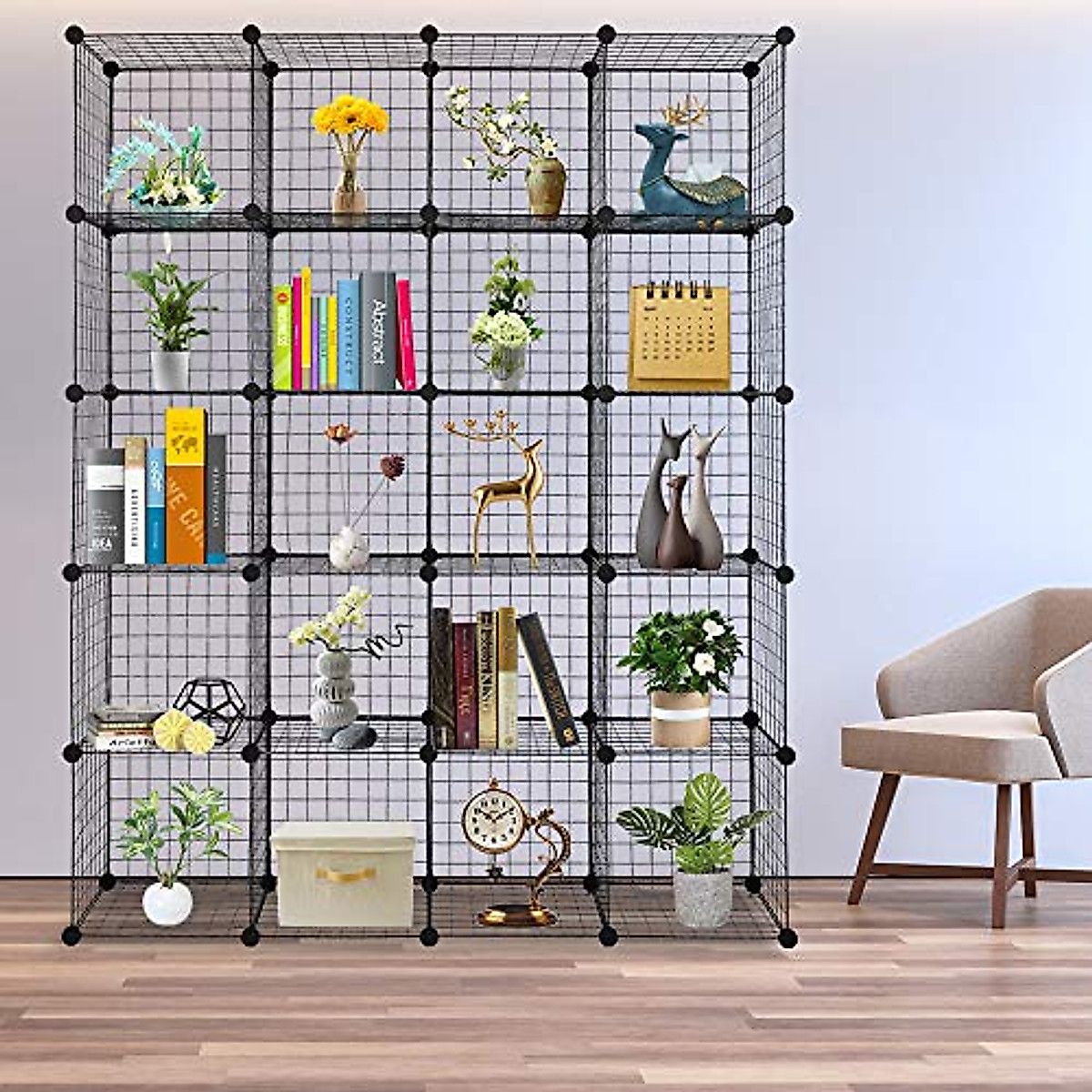 20pcs Cube Storage Organizer, DIY Cube Closet Wardrobe Shelving,Wire Cube Grid Bookshelf, Modular Metal Show Case Rack, Black