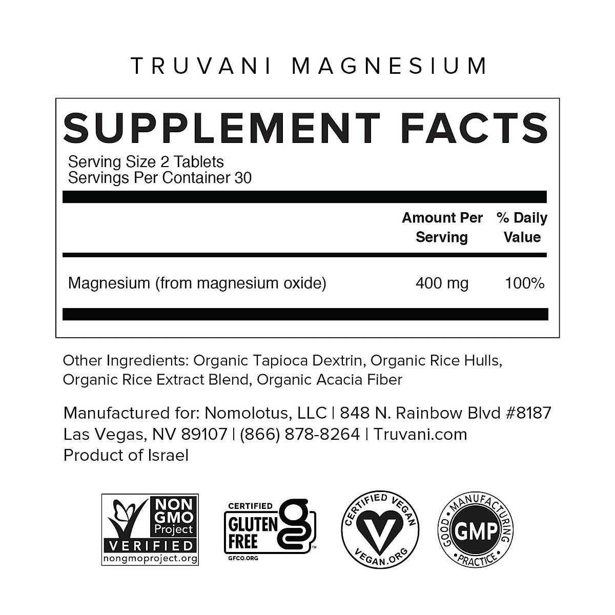 Truvani Magnesium 400mg Oxide Tablets | 60 Tablets | Supports Calm and Sleep, Healthy Bones, Muscle Health, Digestive Health | Non-GMO, Vegan Pills