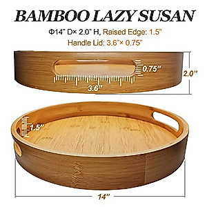 14 Inch Bamboo Lazy Susan Organizer, Wooden Turntable for Kitchen Countertop, Wood Rotating Tray Turn Table with Handle, Spinning Spice Rack for Cabinet Pantry Counter Top Organization