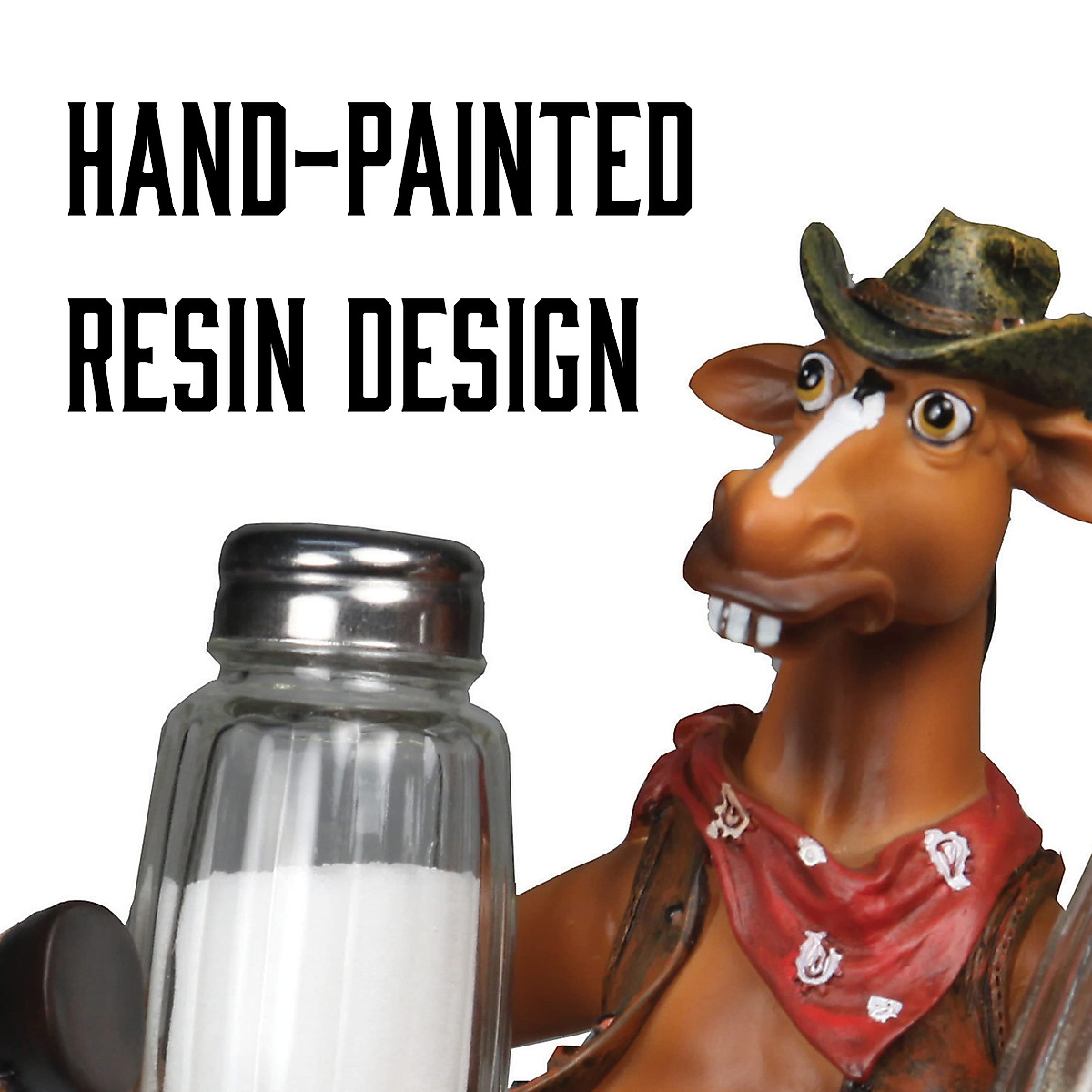 Rivers Edge Products Salt and Pepper Shakers Set, Unique Poly Resin and Glass Spice Dispenser, Novelty Kitchen Counter Decor, Funny Horse