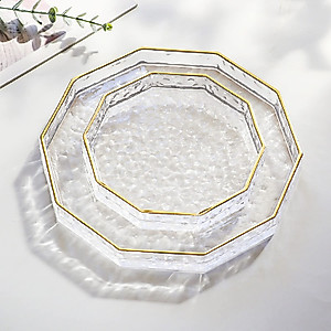7 Inch Decagon Glass Tray with Gold Rim, Clear Hammered Vanity Makeup Tray with 1” Wall, Thick Decorative Dresser Bathroom Tray Perfume Display Tray Cosmetic Tray for Tabletop Countertop S, Halyuhn