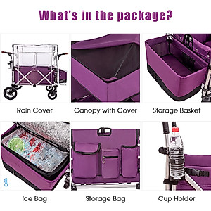 Unichart Push Wagon Stroller 2 Passenger Flodable Baby Stroller with Adjustable Handle Bars, Rain Cover, Carrying Bags & Basket, Double Seats with 5-Point Harness(Large, Purple)