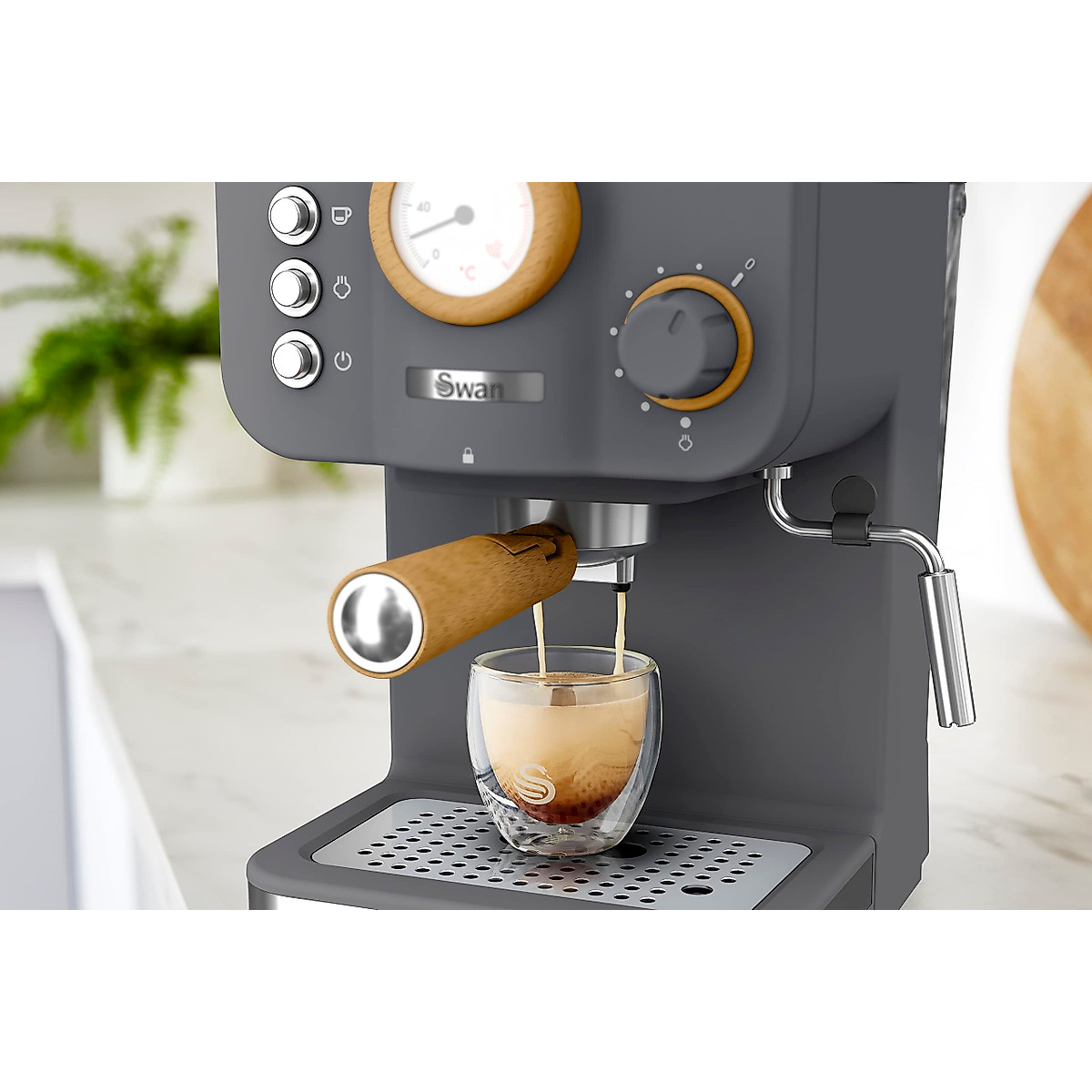 Swan Nordic Espresso Maker Machine, 15 Bars of Pressure, Milk Frother, 1.2L Tank, Scandi Style Matte Finish Slate Grey (SK22111GRYN)