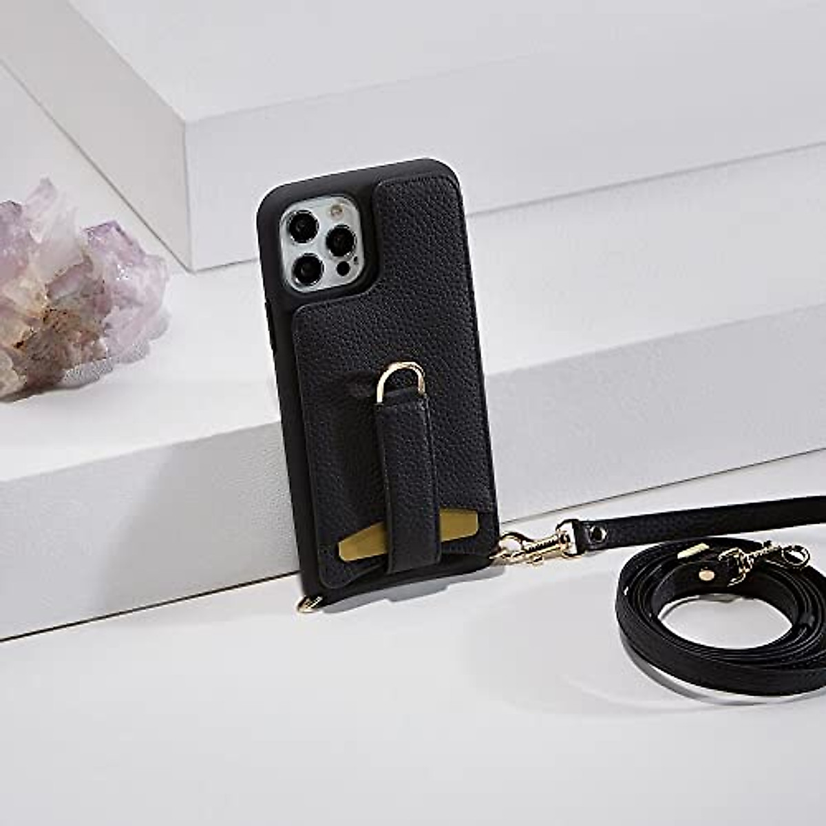 Vaultskin Victoria iPhone 13 Leather Wallet Case and Card Holder, Crossbody Strap Purse for Women (Black - Leather Strap, iPhone 13)