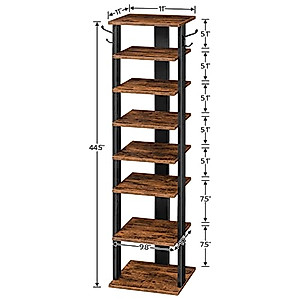 HOOBRO Vertical Shoe Rack, 8 Tier Shoe Storage Organizer with Hooks, Narrow Shoe Rack for 8 Pairs, Space Saving, Stable and Strong, for Entryway, Living Room, Bedroom, Rustic Brown BF07XJ01G1