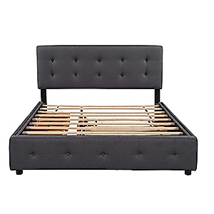 Queen Upholstered Platform Bed with 2 Storage Drawers and 1 Twin XL Trundle, Linen Fabric, Wood Bed Frame (Queen Size, Dark Gray)