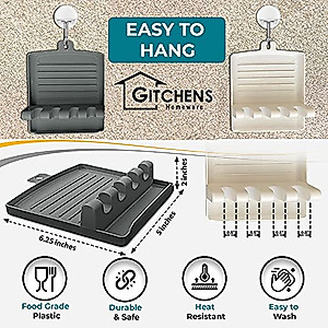 Gitchens Premium Utensil And Spoon Rest with Deep Drip Pad And Pot Lid Holder | Utensils And Spoons Cooking Stand for a Clean Grill, Stove And Kitchen | 2 Pack (White And Grey) with Hanging Hooks