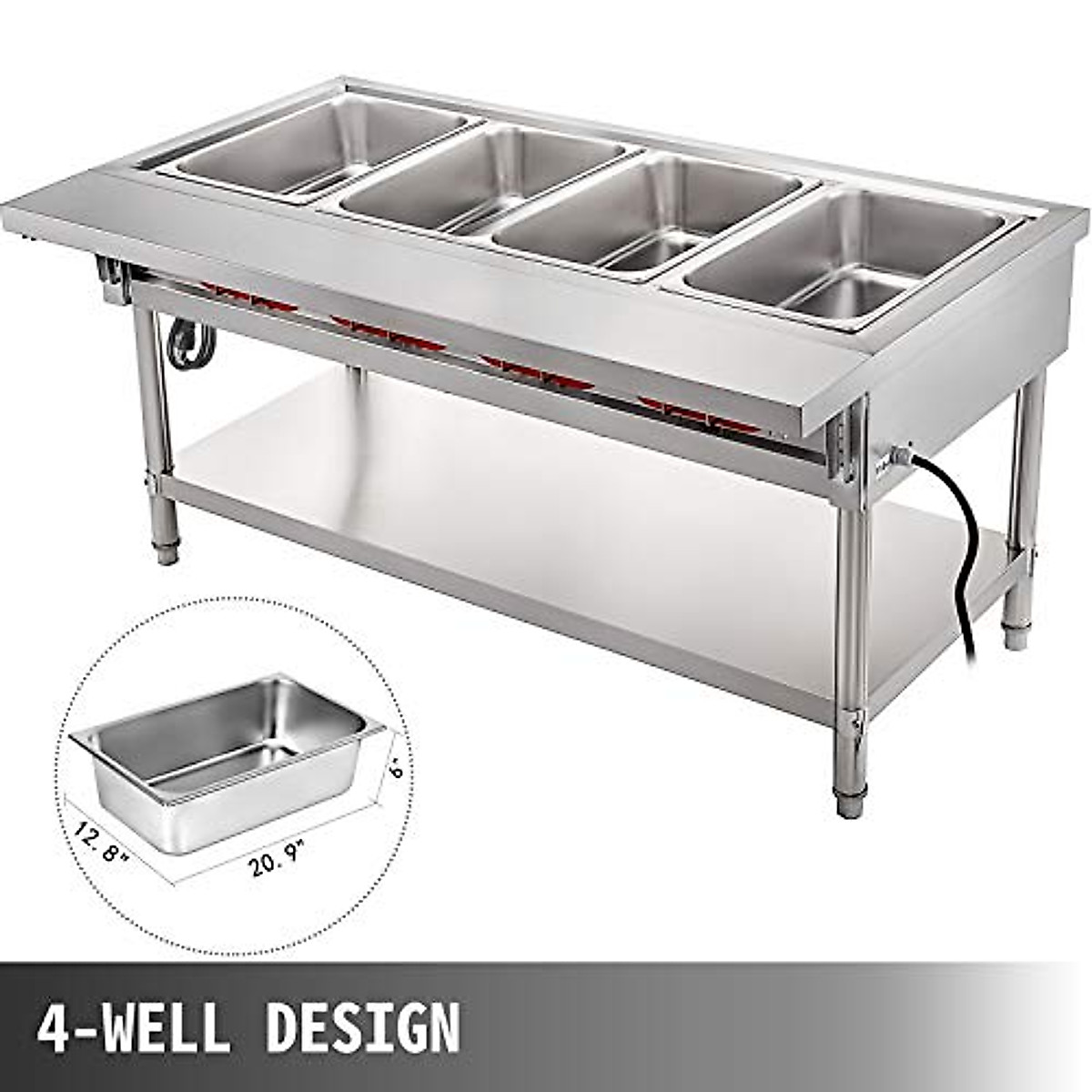 VBENLEM Steam Table Food Warmer 4 Pot Steam Table Food Warmer 18 Quart/Pan with Lids with 7 Inch Cutting Board Commercial Electric Food Warmer Bain Marie Buffet Steam Serving Counter 110V 2000W