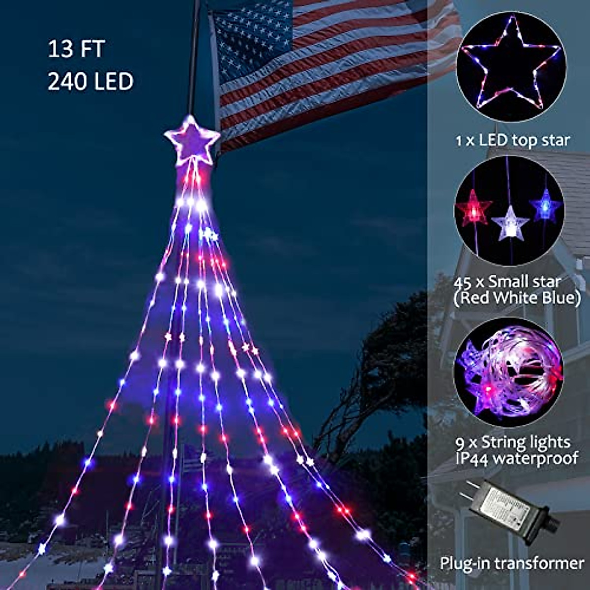 FunNite 4th of July Outdoor Star String Lights, 13ft 240 LED Red White and Blue Curtain Lights Patriotic Fairy Lights Waterproof for Independence Day Tree Yard Garden Wall Party Holiday Decor