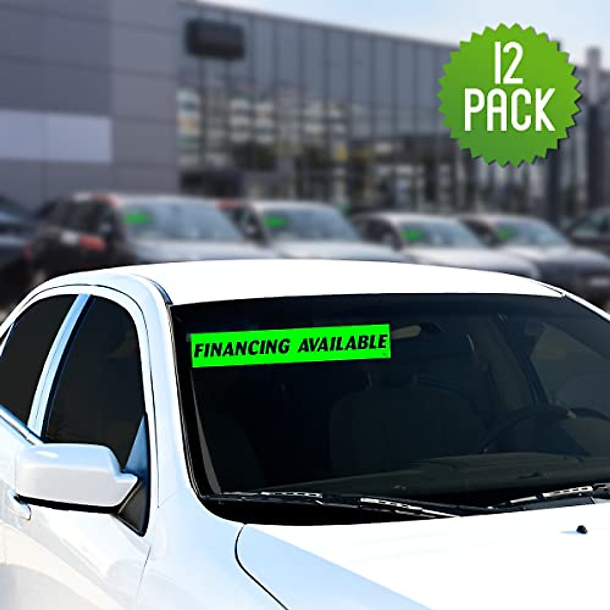 Versa Tags Windshield Slogan Stickers 12 Pack Each of Low Mileage, 3RD Row Seating, WE Finance, FINANCING Available, Warranty (60) Window Stickers Total Dealership Stickers Black On Green