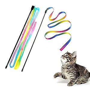 LASOCUHOO Interactive Cat Rainbow Wand Toys, Interactive Cat Teaser Wand String, Colorful Ribbon Charmer for Kittens - 2 PCS
