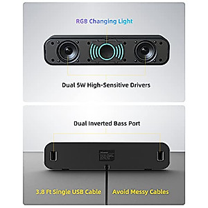 YOFANQI USB Computer Speakers for Desktop, Laptop, PC Gaming Speakers, Small Computer Sound Bar with Stereo Loud Sound, Enhanced Bass, Dynamic RGB Light, Digital Volume Knob