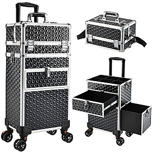 Joligrace Rolling Makeup Case with Wheels Professional Cosmetology Large Train Case Wheeled Cosmetic Trunk with 8 Divided Trays for Makeup Artist, Hair Stylish or Home Use - Black
