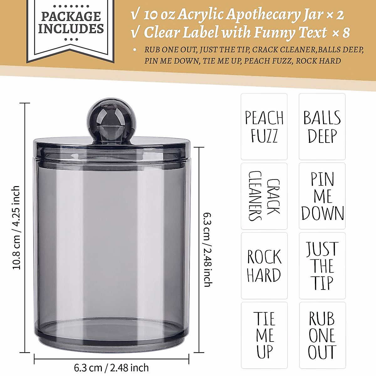 4 Pack Qtip Holder Dispenser with Lids and Labels - 10 oz Acrylic Apothecary Jars Plastic Bathroom Vanity Canister Organizer for Cotton Balls, Pads, Swabs, Floss (Black)