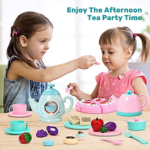 CUTE STONE Toy Tea Set for Little Girls, Kids Tea Party Set Includes Kettle with Light & Music, Teapot, Dessert, Cookies, Play Tea Party Accessories & Carrying Case, Kitchen Pretend Play for Kids
