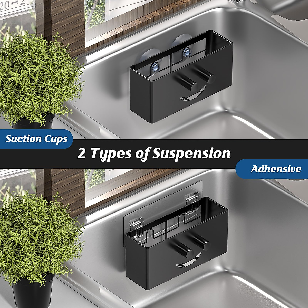 Utobao Sponge Holder, Smiley Face Kitchen Sink Caddy for Kitchen Sink, Sink Brush Holder for Holding Smiling Face Scrubber, Soap, Dish Brush,2 Installation Ways (Suction Cups & Adhesive Hook)-Black