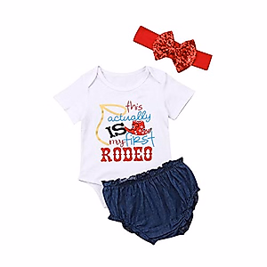 Newborn Baby Girls My First Rodeo Outfits Short Sleeve Letter Printed Romper Tops Denim Shorts Headband Set 0-18M(3-6M,White)
