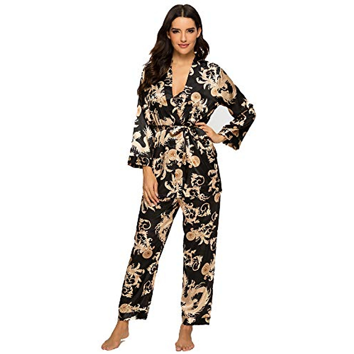 Escalier Women's Silk Satin Pajamas Set 3 Pcs Floral Silky Pj Sets Sleepwear Cami Nightwear with Robe and Pants Black M