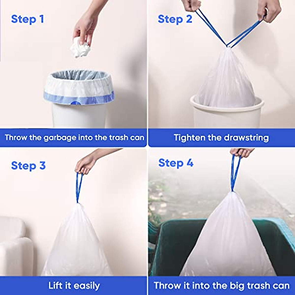 2.6 Gallons Small Trash Bags Strong Drawstring Garbage Bags 60 Count for Trash Cans Office Living Room Kitchen and Bathroom - Thickened Unscented