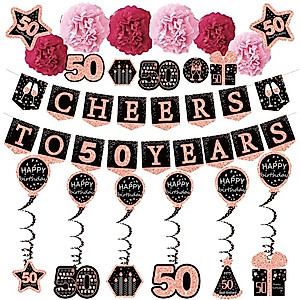 50th birthday decorations for women - (21pack) cheers to 50 years rose gold glitter banner for women, 6 paper Poms, 6 Hanging Swirl, 7 decorations stickers. 50 Years Old Party Supplies gifts for women