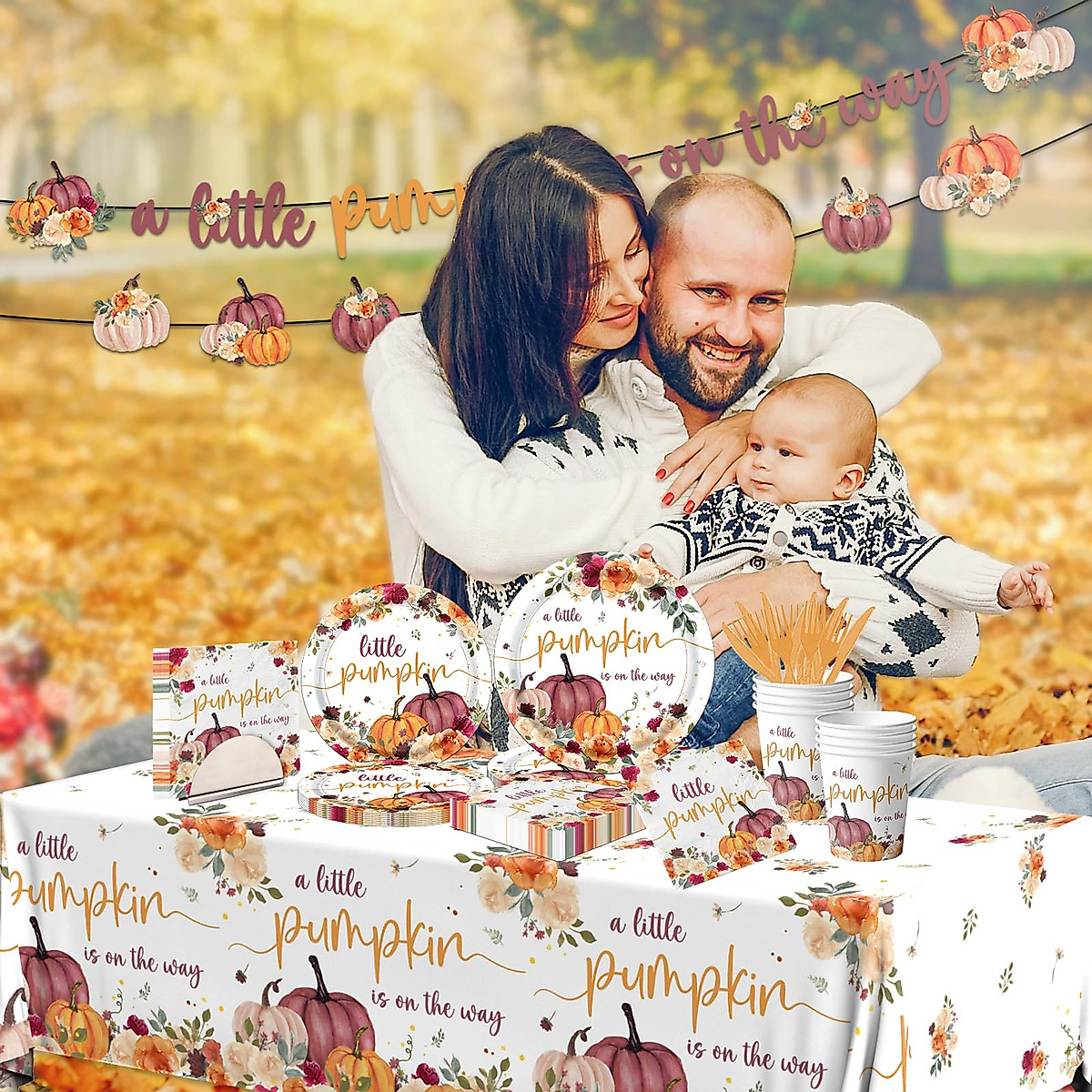 142Pcs Little Pumpkin Baby Shower Decorations-Fall A Little Pumpkin is on the Way Plates and Napkins Set Floral Autumn Thanksgiving Tableware Party Supplies