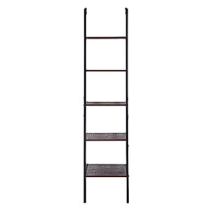 RAAMZO 5-Tier Industrial Leaning Ladder Wall Bookshelf Bookcase Display Storage Rack Accent in Walnut Finish and Black Frame - 75-inch Height