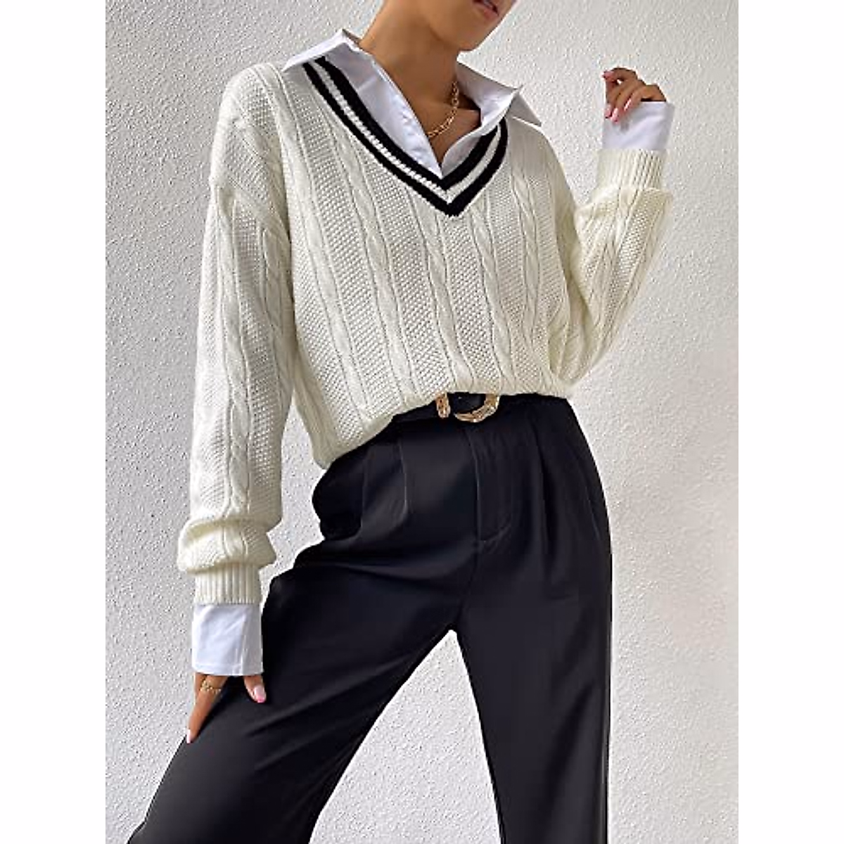 Verdusa Women's V Neck Striped Drop Shoulder Long Sleeve Sweater Knit Tops Pullover White Medium