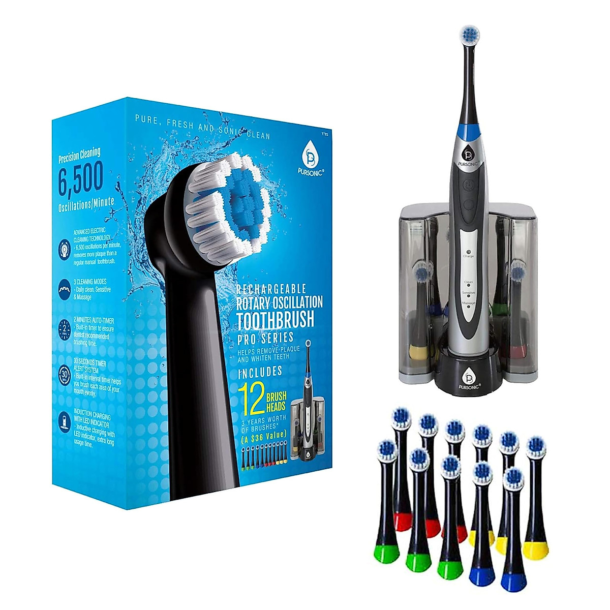 PURSONIC S330 Deluxe Ultra High Powered Rotary Oscillating Rechargeable Electric Toothbrush with Dock Charger & 12 Brush Heads (Value Pack)