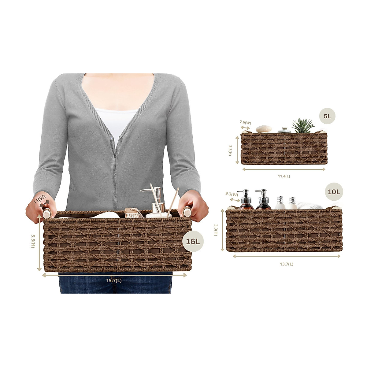 DECOMOMO Wicker Storage Basket, Toilet Paper Basket for Organizing Storage, Paper Rope Baskets with Liner and Wooden Handles for Shelves Cosmetics Books (Brown – 3 Pack)