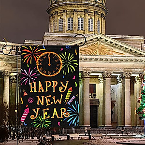 Heyfibro Happy New Year Garden Flag Cheers Celebrate New Year Count Down Yard Flags 12x18 Inch Double Sided Burlap Firework Celebration Banner for Winter Holiday Party Yard Outdoor Decoration(ONLY FLAG)