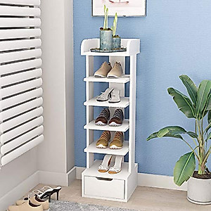 Mepplzian 6-Tier Vertical Shoe Rack, 11” Wooden Shoe Storage Stand with Drawer, Modern Shoe Rack Organizer, Free Standing Shoe Rack Cabinet for Closets Entryway & Small Space, White