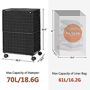 ELYKEN 2 Pack Laundry Hamper with Lid and Wheel, Rolling Metal Wire Frame Dirty Clothes Basket for Small Bathroom, 61L Capacity Liner Bag with Handle, Heavy Duty Steel Cover Bedroom Organizer Black