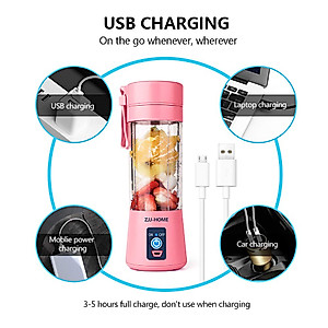 Portable Blender,Zjj-Home Smoothie Blender-Six Blades in 3D, Mini Travel Personal Blender with USB Rechargeable Batteries,Detachable Cup ,USB Juicer Cup 380ml (FDA BPA free) (pink)