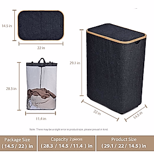 Large Laundry Hamper with Wheels and Lid | 144L Collapsible Laundry Baskets with Removable Bag | Dirty Clothes Hamper for Bedroom, Dorm | CarzyHome Double Rolling Laundry Basket with Handles - Black