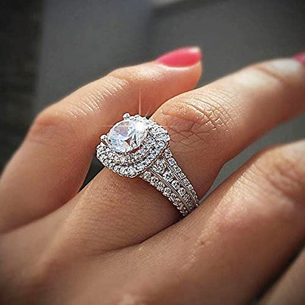 Gixaxak Silver Plated Micro Pave Hand Simulation Diamond Ring Zircon Rings Cubic Zirconia Promise Halo Engagement Wedding Band Ring for Women 7