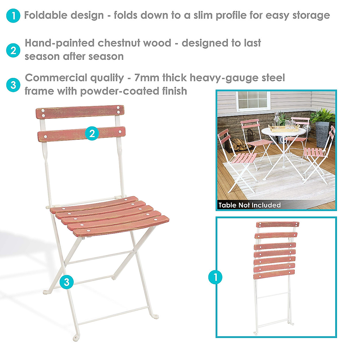 Sunnydaze Classic Cafe European Chestnut Wooden Folding Bistro Chair - Indoor or Outdoor Use on Patio, Deck, Balcony or Camping - Antique Pink - Set of 4