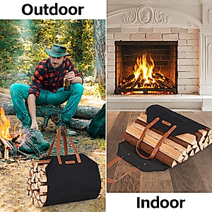 Permade Firewood Carrier with Real Leather Handles, Log Carrier for Firewood Canvas, 38.4x17.3inch Wood Carrier for Fireplace, Water Resistant Firewood Tote Bag, Stove, Outdoor Camping - Black