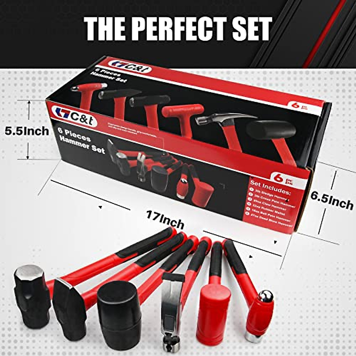 C&T 6-Piece Hammer Set, Fiberglass Handle & Mallet Set, With Shock Reduction Grip, Metal Working | Garage Home Kit | Mechanic Tools | Sledge Hammer | blacksmith Hammer | Ball Peen Hammers | Hand Tools