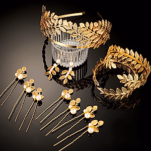 WILLBOND 15 Pieces Greek Goddess Costume Accessories Women Toga Golden Leaves Bridal Crown Headband Bracelet Pearl Earrings and Hair Pins (Fresh Style)