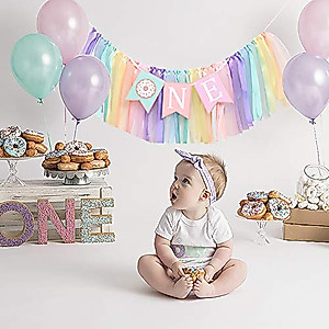 Donut 1 to 2 Years Old Birthday Banner - Donut Theme Birthday High Chair Banner, a Soft Rainbow Ribbon Tutu Group, Sweet Days, Leaving a Wonderful Party Time, Perfect Party Decoration. (Donut 1)