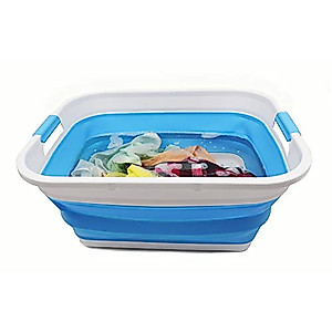 SAMMART 41L(10.8 Gallon) Collapsible Plastic Laundry Basket-Foldable Pop Up Storage Container-Portable Washing Tub-Space Saving Hamper/Basket, Water Capacity: 32L (8.4 Gallon) (2, White/Marine Blue)