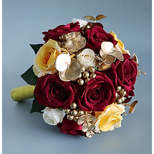 Abbie Home Burgundy & Gold Bridal Wedding Bouquet - Real Touch Silk Rose in Champagne with Gold Beads Eucalyptus Decoration for Wedding Vow Renewal
