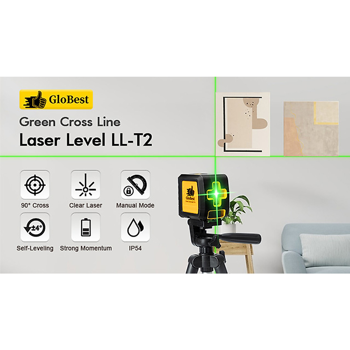 Globest Self-Leveling Laser Level, 100Ft/30M Green Cross Line Laser Level, Lazer Level 2 line laser for Construction and picture hanging, IP54 Waterproof, 360° Magnetic Base and Battery Included