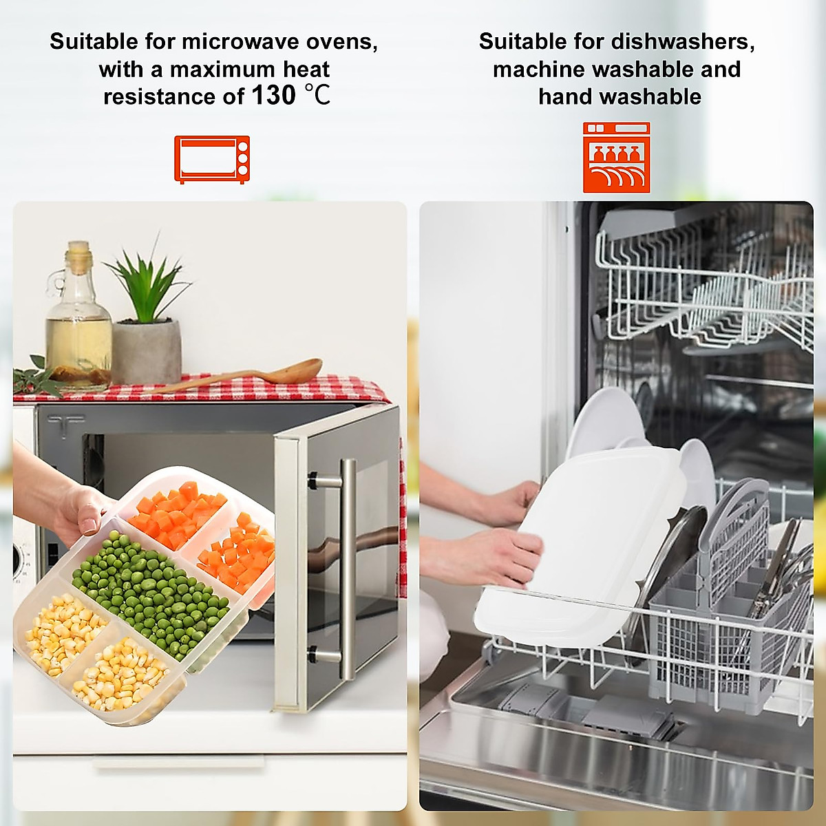 KKONHII 4 Pcs Divided Veggie Tray with Lid and Food Clip, 5 Compartment Reusable Snackle Box Food Storage Container Fridge Organizer BPA-Free Container Serving Tray for Snack, Fruit, Candy, Nuts