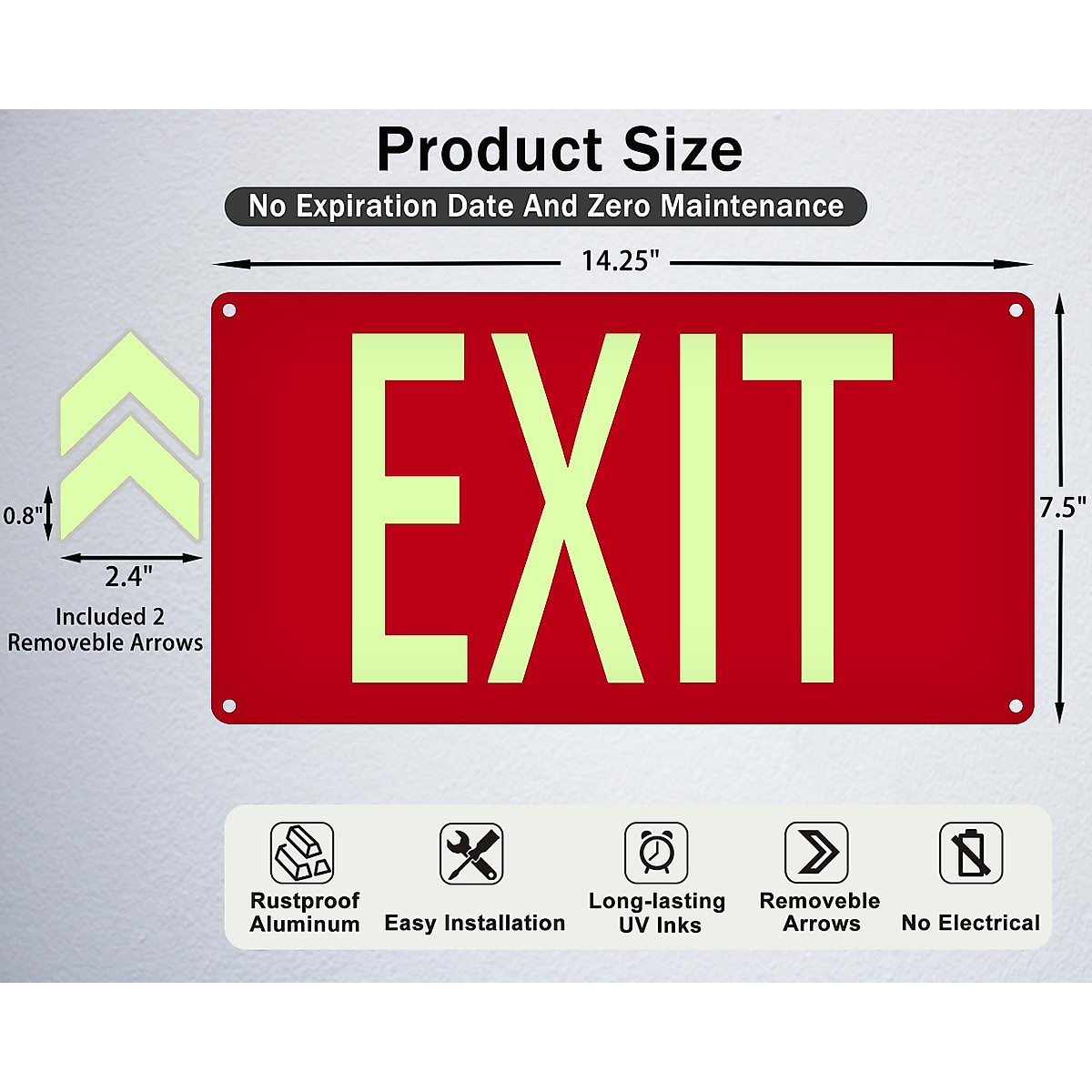 (2 Pack) Photoluminescent Exit Sign Red - with Removable Directional Arrows, With strong self adhesive tape, 14.25 x 7.5 Inches Heavy Duty Aluminum Signs, Fade Resistant