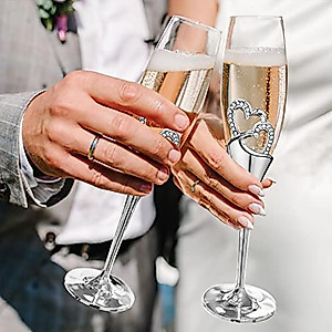VARLKA Wedding Champagne Flutes and Cake Knife Server Set Wedding Gifts Toasting Glasses with Rhinestone Rimmed Hearts Decoration for Couple Bride and Groom, Cake Cutting Set of 4 for Wedding